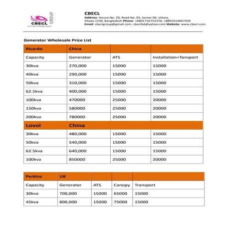 CBECL diesel generator lift wholesale price list, Dhaka, Bangladesh | PDF