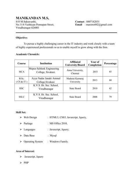 Resume Format for fresher | PDF