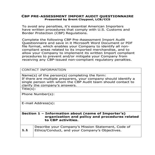 CBP PRE-AUDIT ASSESSMENT QUESTIONNAIRE | PDF