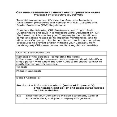 CBP PRE-ASSESSMENT IMPORT AUDIT QUESTIONNAIRE | PPTX