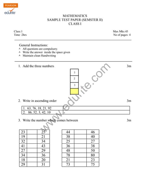 Class 1 CBSE Maths Question Paper FA 1 | PDF