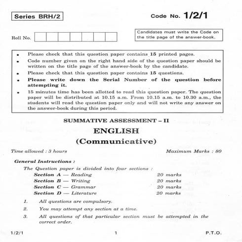 Class 10 Cbse English Communicative Question Paper Term 2 Model 2 | PDF