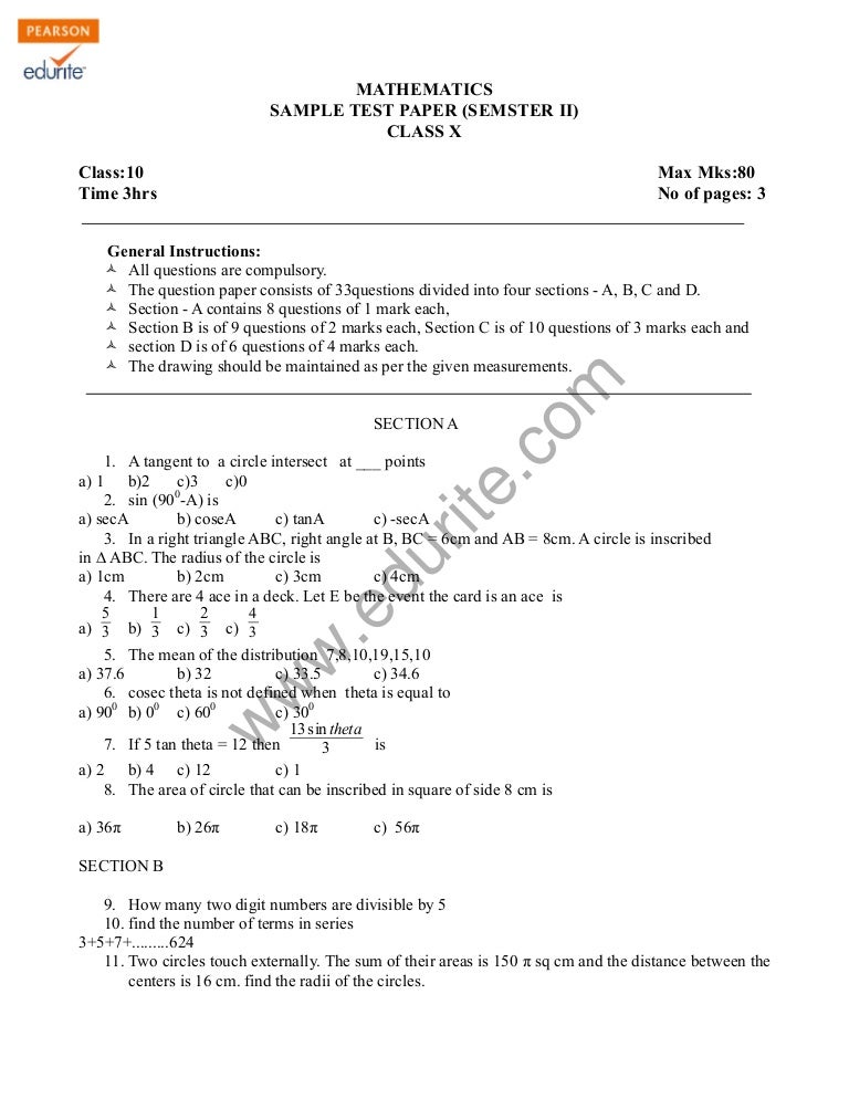 Class 10 Cbse Math Sample Paper Term 2 Model 2
