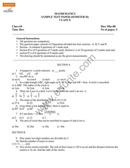 Class 9 Cbse Maths Sample Paper Model 2 | PDF