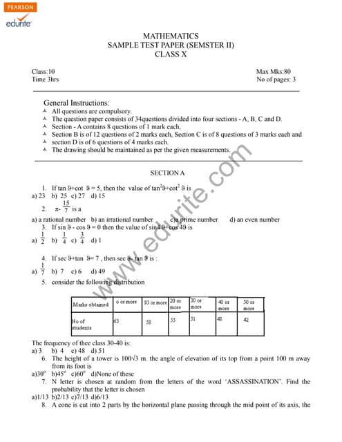 class 10 cbse math sample paper standart paper | PDF