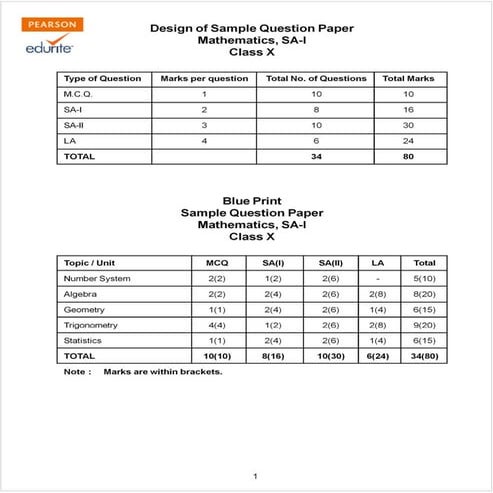 Class 10 Cbse Maths Sample Paper Term 1 2011 | PDF