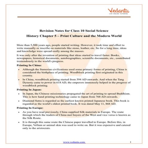 Print Culture and the Modern World. History class 10 CBSE | PDF