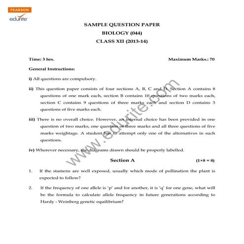 Class 12 Cbse Biology Sample Paper 2013-14 | PDF