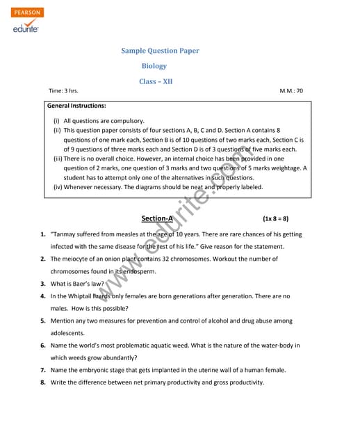 Class 12 Cbse Biology Sample Paper 2013-14 | PDF