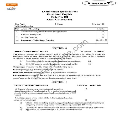 Class 12 Cbse English Functional Sample Paper 2013-14 | PDF
