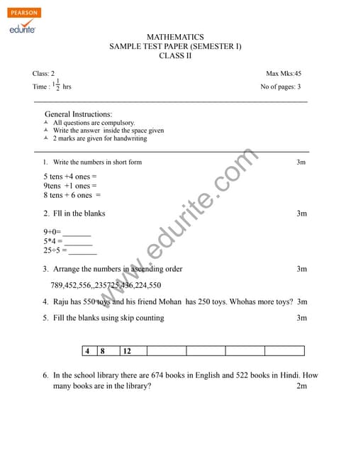 Class 2 ICSE Maths Sample Paper Model 2 | PDF