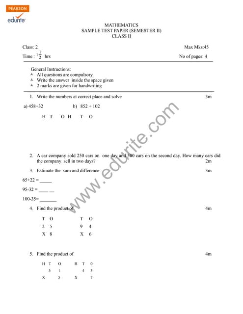 Class 2 ICSE Maths Sample Paper Model 2 | PDF