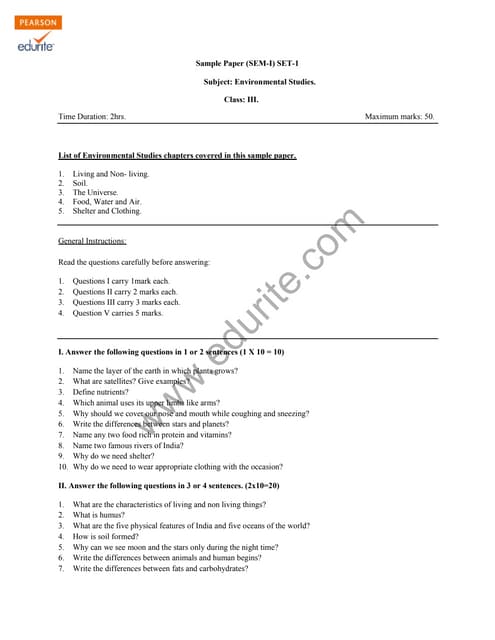 Class 1 ICSE EVS Sample Paper Model 1 | PDF