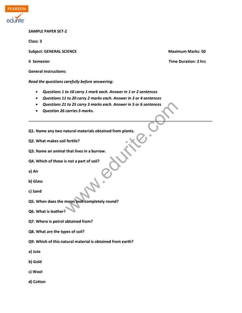 Class 2 CBSE Maths Sample Paper Term 1 Model 1 | PDF