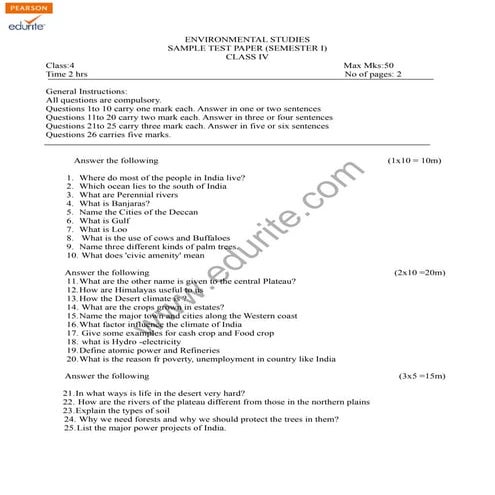 Class 4 CBSE Environmental Studies Sample Paper Term 1 Model 3 | PDF