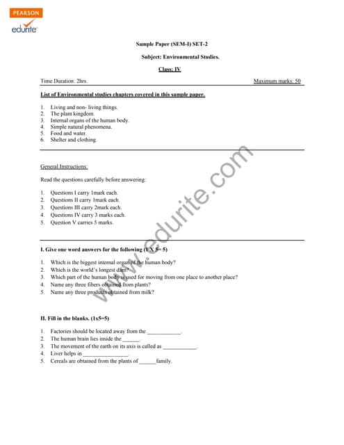 Class 1 ICSE EVS Sample Paper Model 1 | PDF