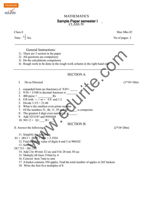 mathematics papers class 2 | DOC