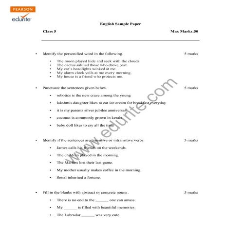 Class 5 Cbse English Sample Paper Model 3 | PDF