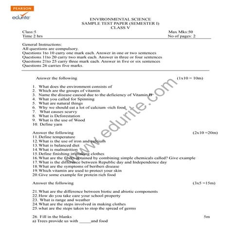 Class 5 Cbse EVS Sample Paper Term 1 Model 1 | PDF