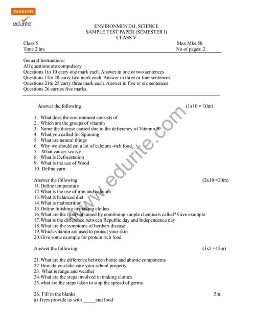 Class 5 Cbse EVS Sample Paper Term 2 Model 2 | PDF