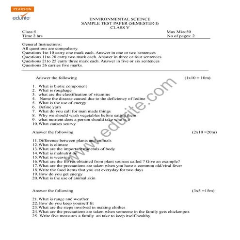 Class 5 Cbse EVS Sample Paper Term 1 Model 2 | PDF