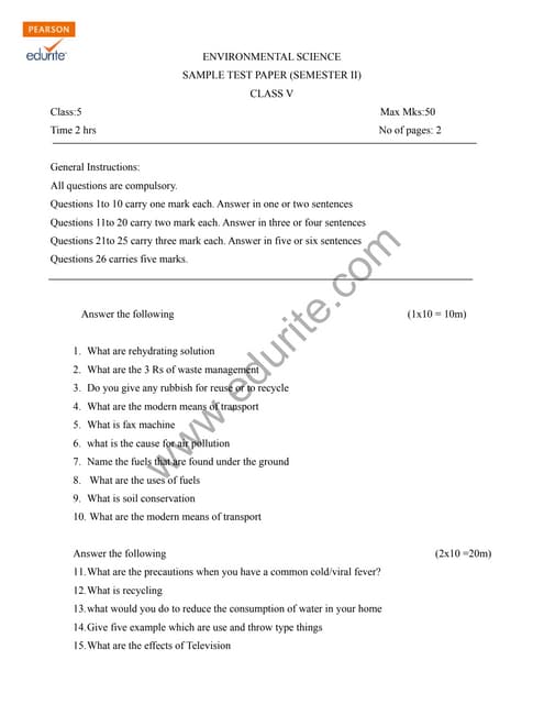 Class 5 Cbse EVS Sample Paper Term 1 Model 1 | PDF