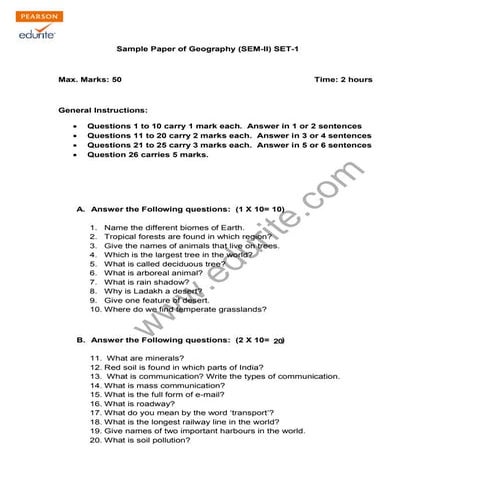 Class 5 Cbse Geography Sample Paper Term 2 Model 1 | PDF
