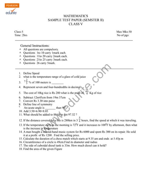 Cbse Class 5 Maths Sample Paper Term 2 Model 2 | PDF | Physics | Science