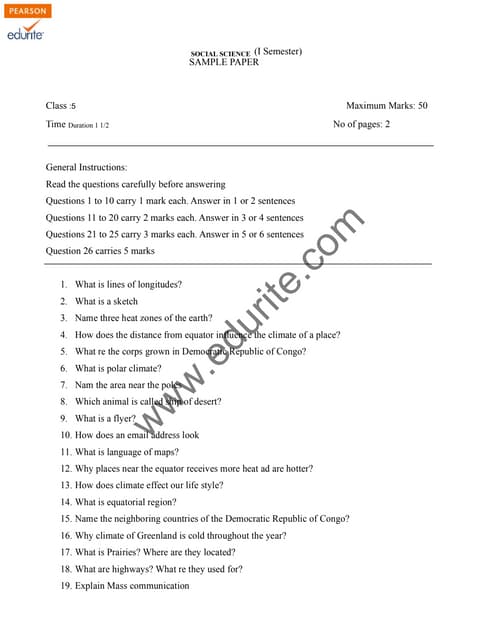 Class 5 Cbse Social Science Sample Paper Term 2 Model 2 | PDF