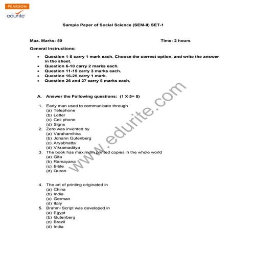 Class 5 Cbse Social Science Sample Paper Term 2 Model 1 | PDF