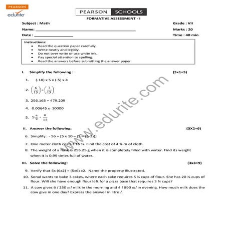 Class 7 Cbse Maths Question Paper | PDF