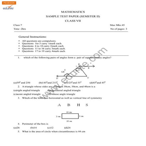 Class 7 Cbse Maths Sample Paper Term 2 Model 3 | PDF