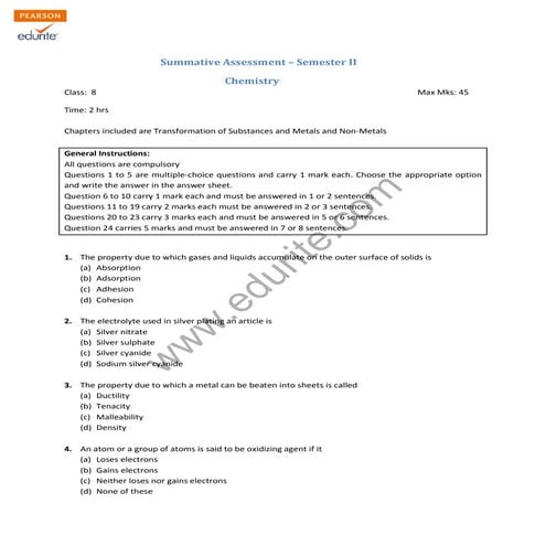 Class 8 Cbse Chemistry Sample Paper Term 1 Model 2 | PDF