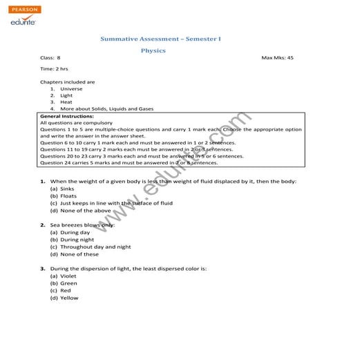 Class 8 Cbse Physics Sample Paper Term 1 Model 2 | PDF