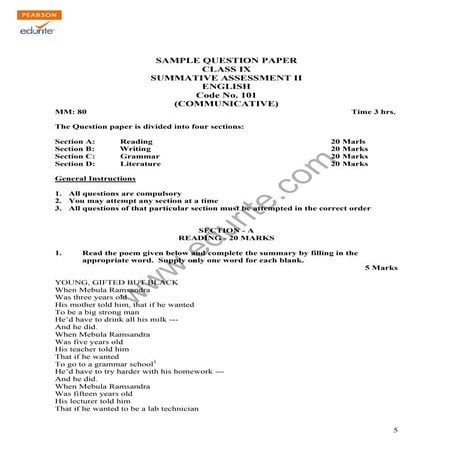 Class 9 Cbse English Communicative Term 2 Sample Paper 2011 | PDF