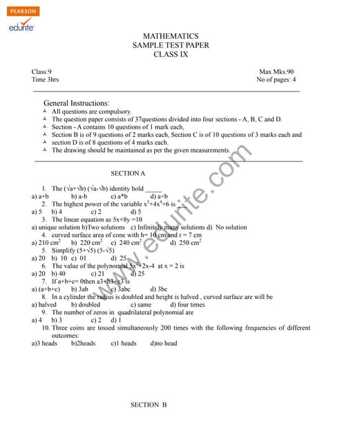 Class 9 Cbse Maths Sample Paper Model 2 | PDF