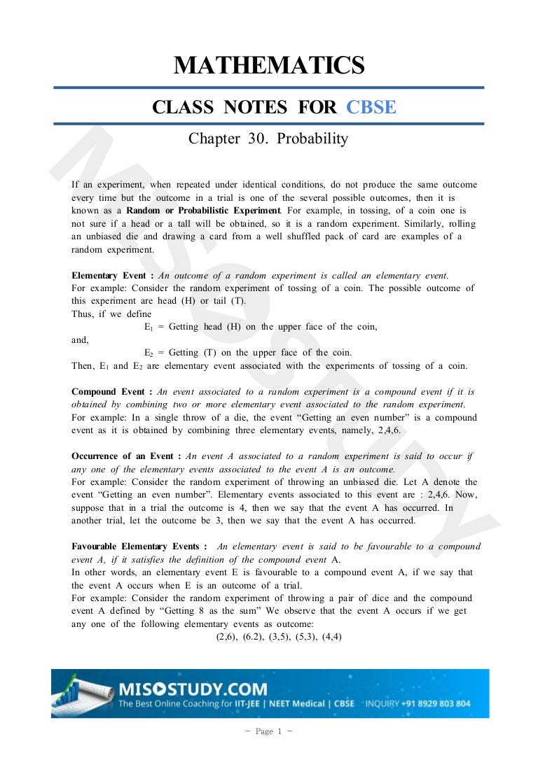 Probability Mathematics 10th Class notes for CBSE 2020