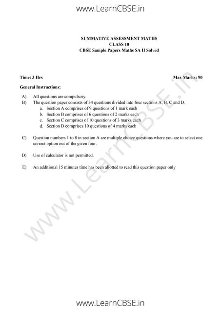 class 10 cbse math sample paper standart paper | PDF