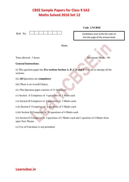 maths sample paper class 9 SA2 | DOCX