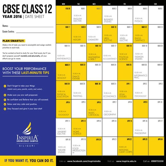 Cbse class 12 date sheet 2016 | PDF