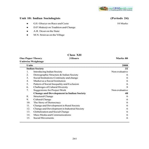 Cbse class 12 syllabus for 2011 2012 sociology | PDF