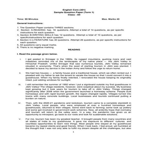 CBSE English XII Sample Question Paper with KEY | PDF