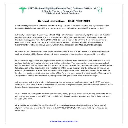 Cbse neet 2019 general instruction | PDF