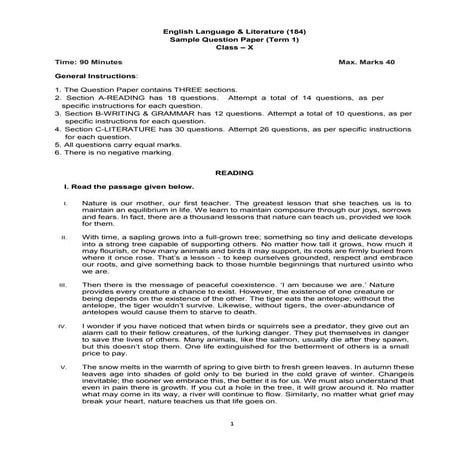 CBSE SAMPLE QUESTION PAPER X English and KEY | PDF