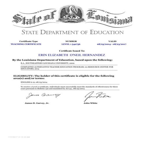 Erin ONeil Hernandez Teaching Certificate Level 1 Exp. 2017 | PDF