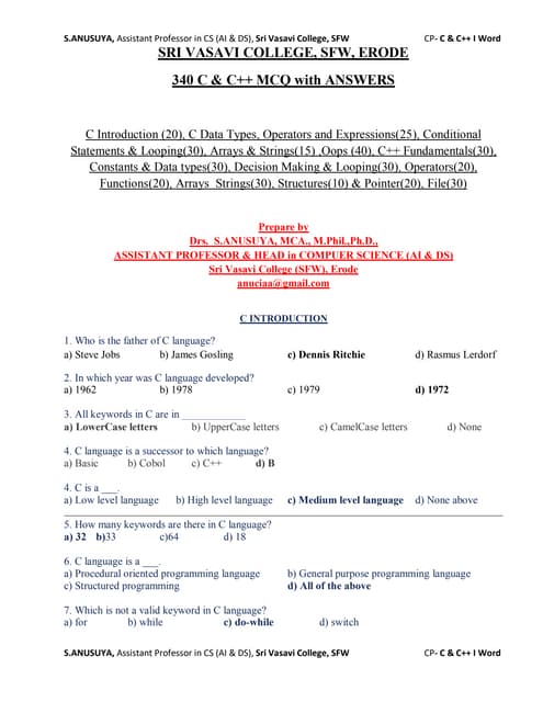 C & C++ 1 WORD MCQ with ANSWER - AI & DS.pdf C & C++ 1 WORD MCQ with ANSWER - AI & DS.pdf