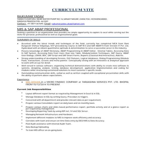 CURRICULUM VITE SAP ABAP (RAJKUMAR YADAV) | PDF