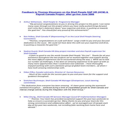 Shell Canada HCM and Payroll Canada Go-Live Feedback | DOC