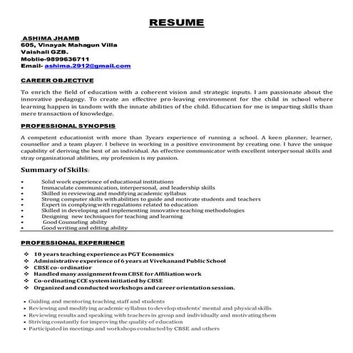 ashima resume | DOCX | Professional School | Postgraduate Education