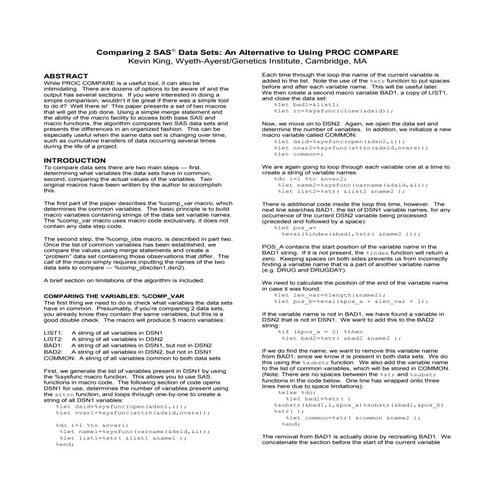 Comparing 2 Sas Datasets Alternative Approach Pdf